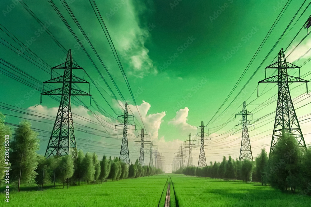 Electricity distribution station pylons on background of green acid sky ...