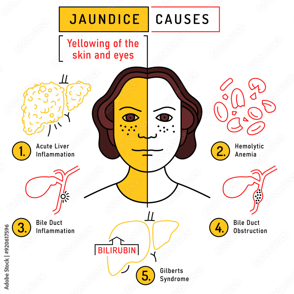 Jaundice causes infographic in outline style. Yellowing of skin and eyes, caused by bilirubin ...