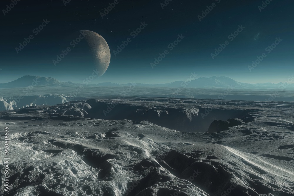 Desolate and rocky planet surface showing craters and distant mountains ...