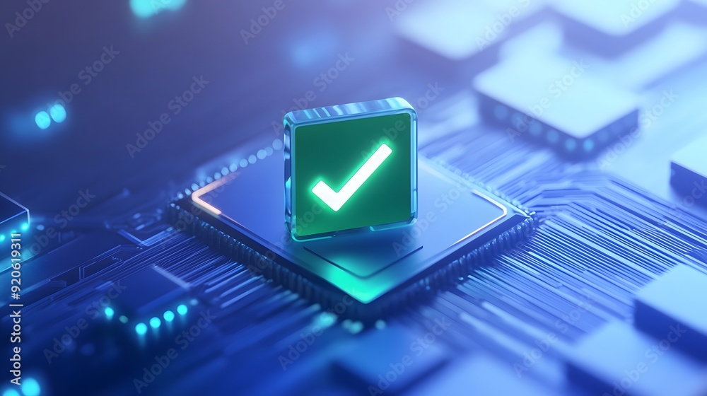 Technology concept with a green check mark on a computer chip ...