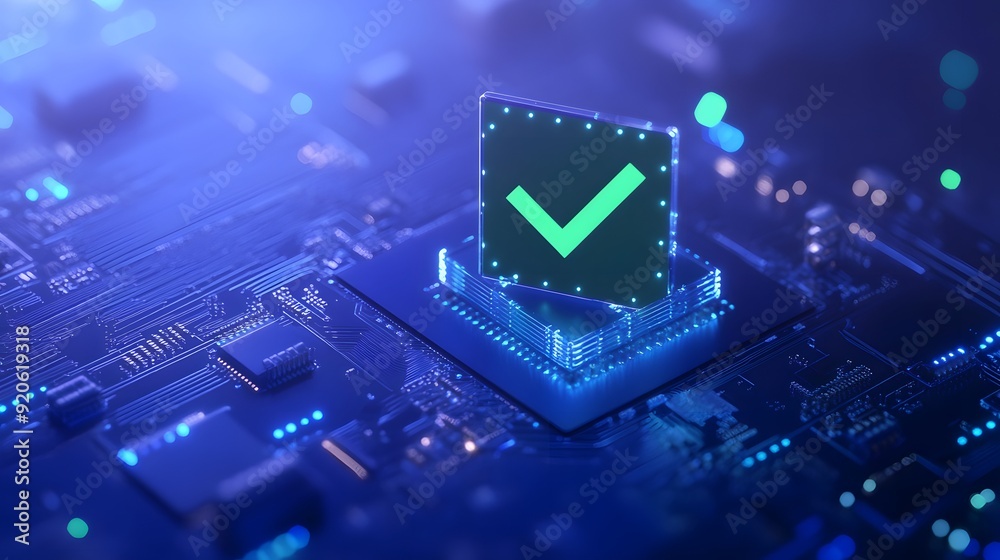 Technology validation concept with a tick mark on a microchip ...