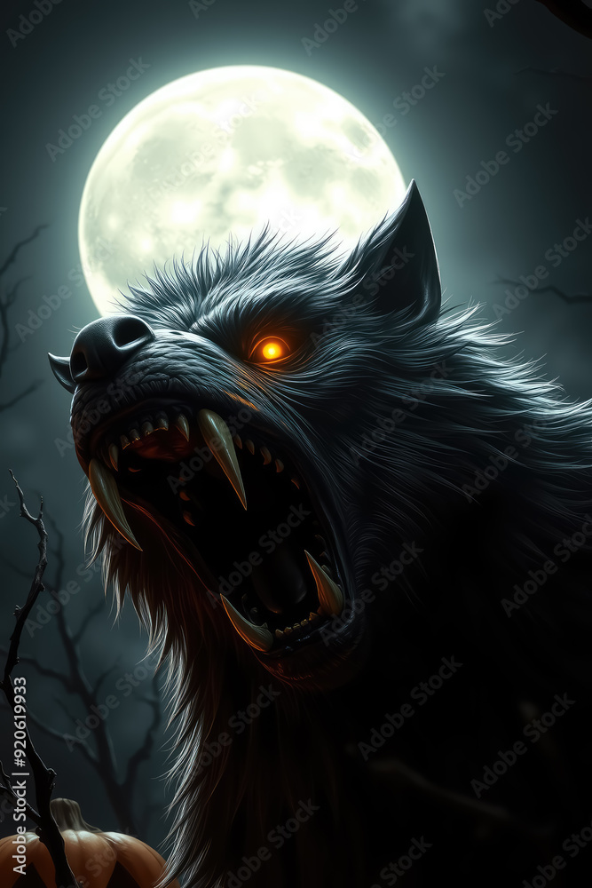 A chilling Gothic Halloween scene in a realistic style, featuring a fearsome werewolf howling ...