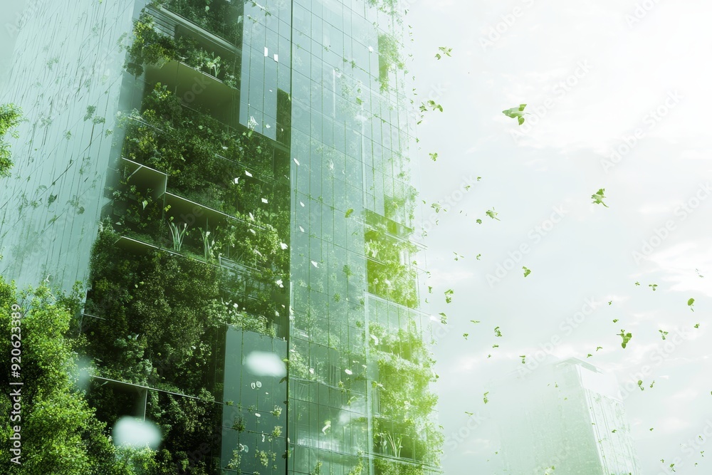 Conceptual illustration of a green skyscraper, with integrated water ...