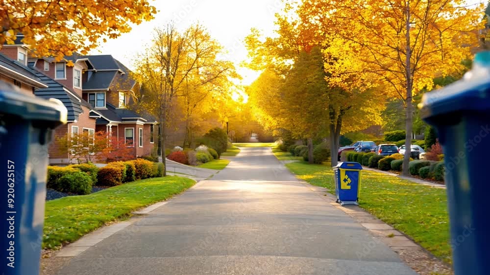 Two blue and yellow trash cans are lined up on a sidewalk. The blue one ...