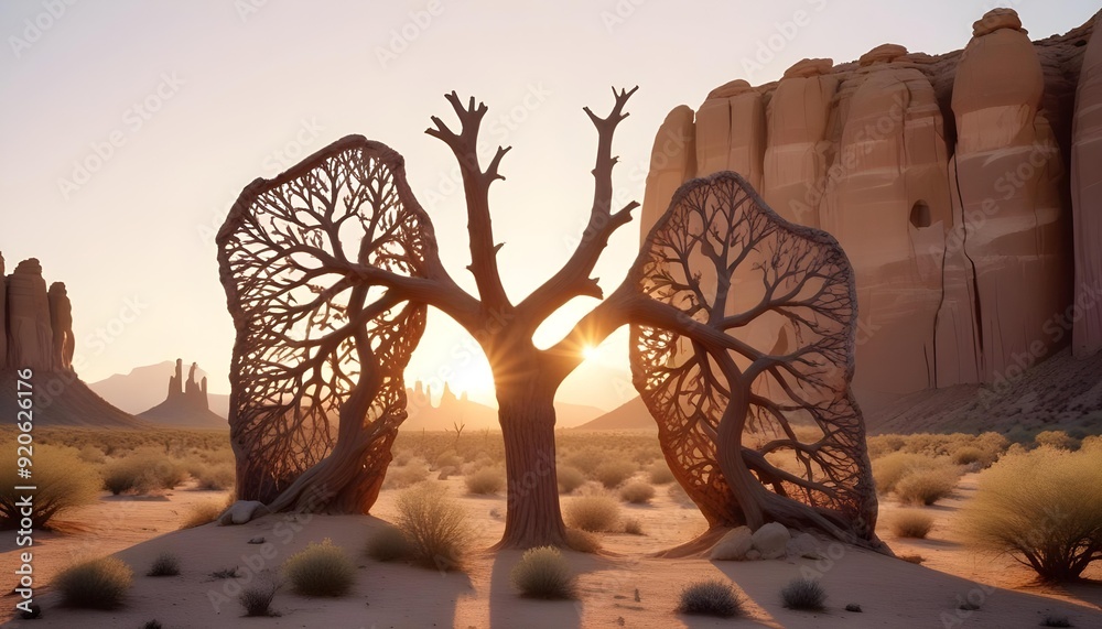 Trees in the shape of lungs in a baron landscape, environmental eco ...