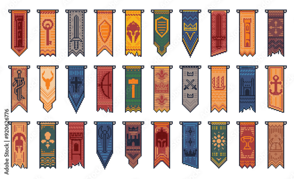 8 bit pixel art game medieval flags, banners and heraldic knight ...