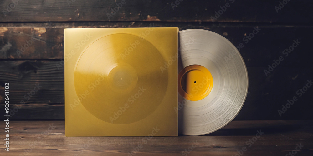 Mockup with new vinyl disc sticking out on the side. Wooden surface ...