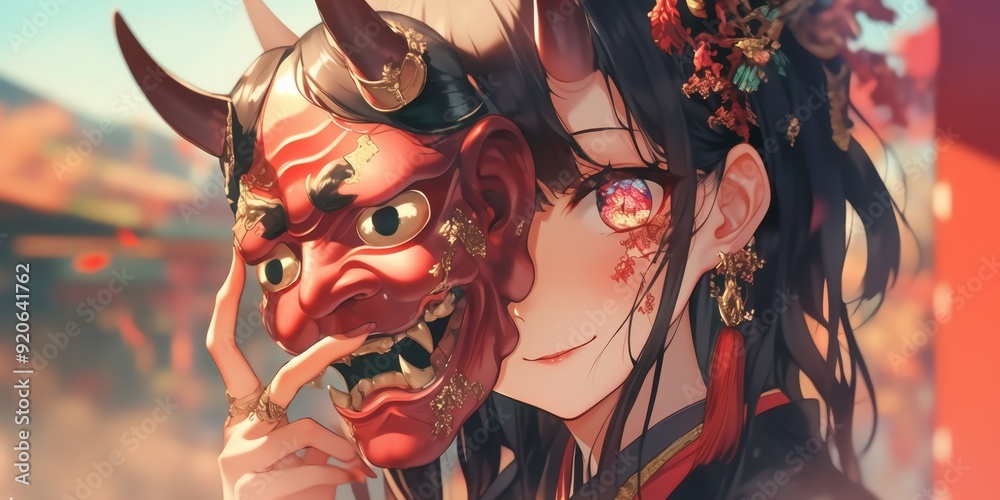 Enigmatic Anime Girl with Smiling Japanese Oni Mask: Ethereal Digital ...