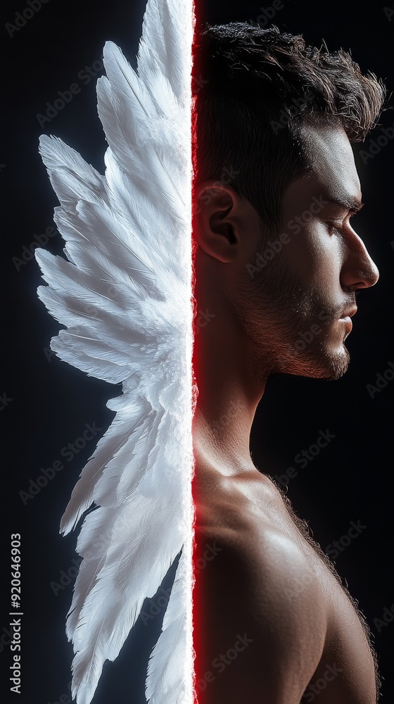 Captivating side profile artwork showing man partly in white angel ...