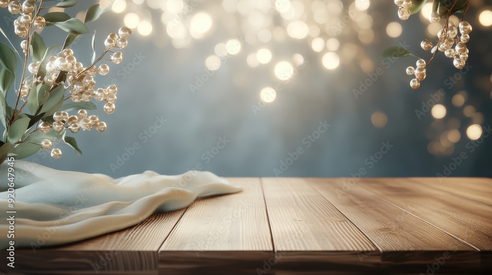 Wooden table with silk and tree in blue gold tone background for ...