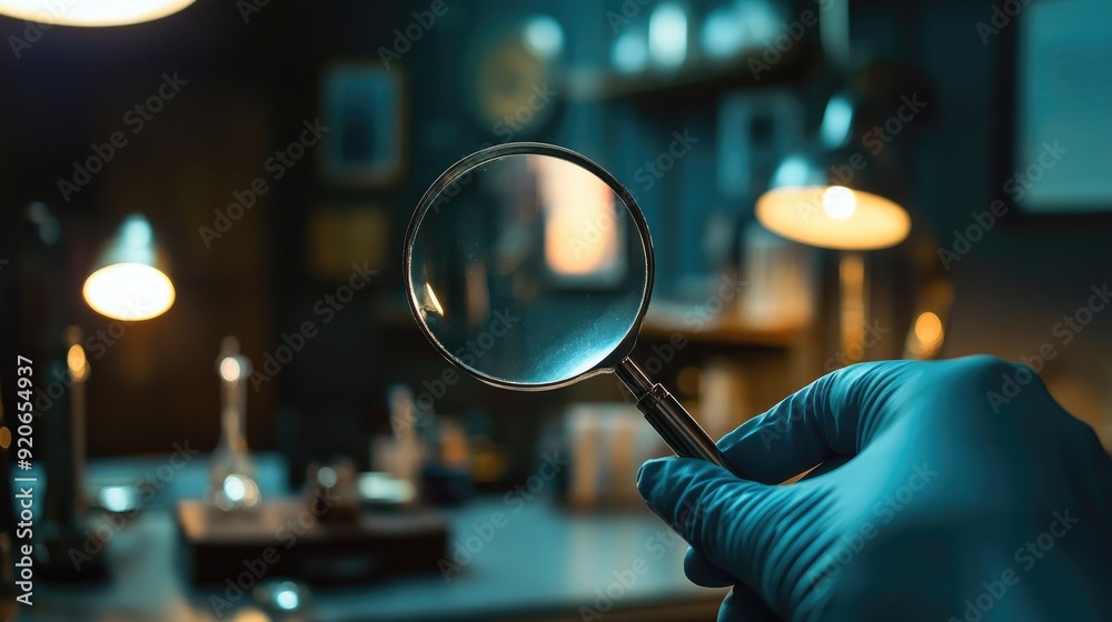 Forensic science scene with magnifying glass, emphasizing the ...