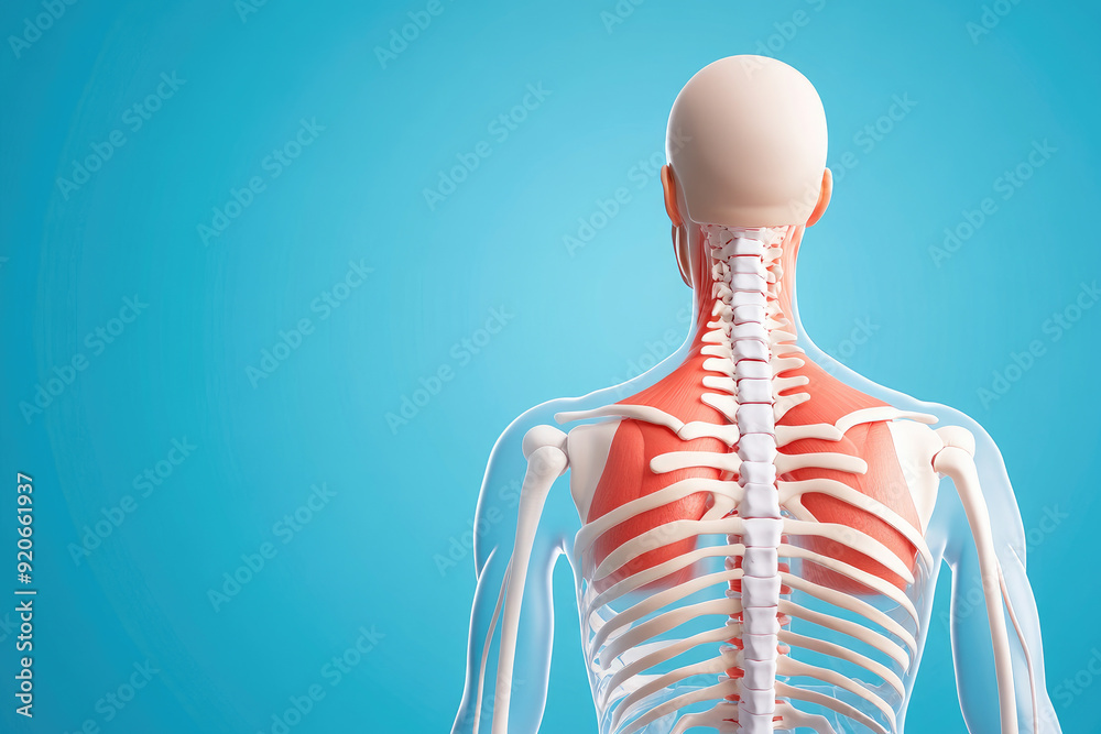 Human skeletal and muscular anatomy, detailed view from the back ...