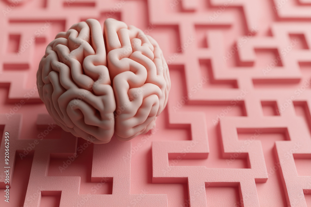 Brain model placed on a textured pink background resembling a labyrinth ...