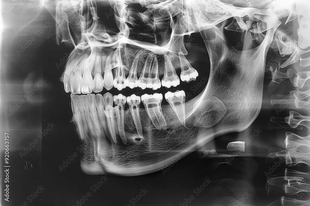 A detailed image of a dental X-ray displayed on a lightbox, showing the ...