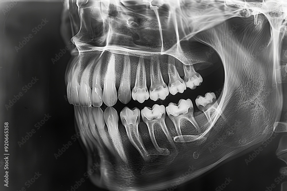 A detailed image of a dental X-ray displayed on a lightbox, showing the ...