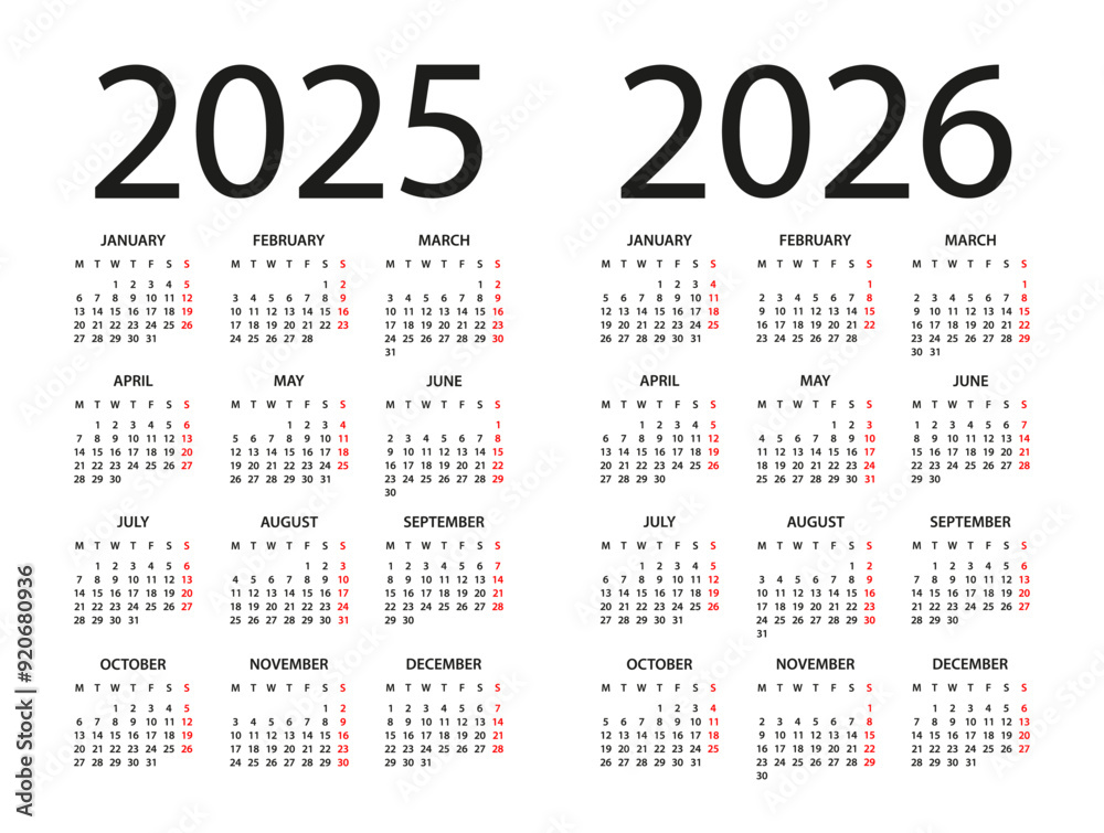 Calendar 2025, 2026 - illustration. Week starts on Monday. Calendar Set ...