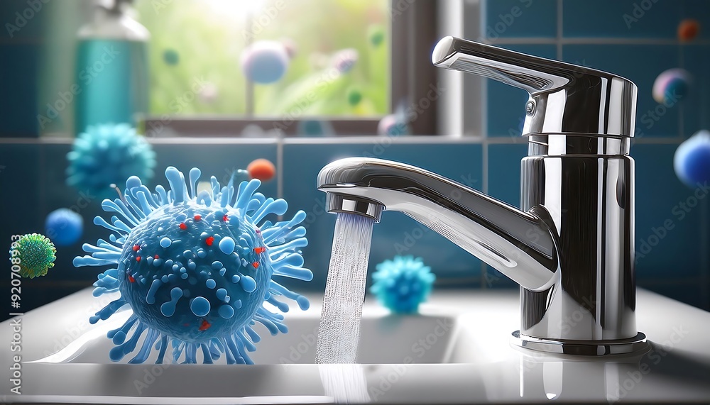 Virus under the tap. Wash your hands to prevent the spread of germs ...