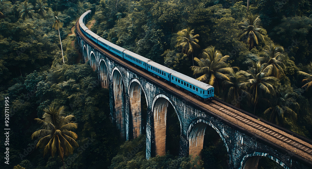 "Blue Train Crossing the Nine Arches Bridge in Sri Lanka, Captured from ...