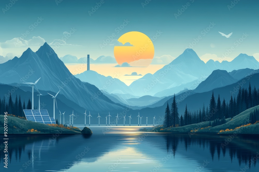 Various renewable energy sources such as wind turbines, solar panels ...