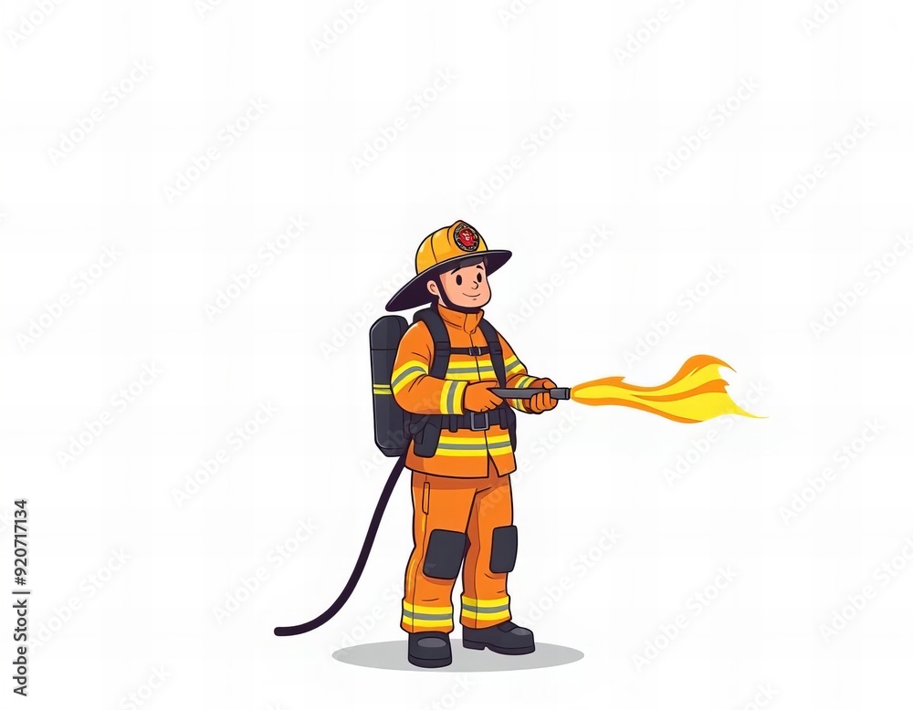 cartoon firefighter with a hose and a fire extinguisor. Stock ...