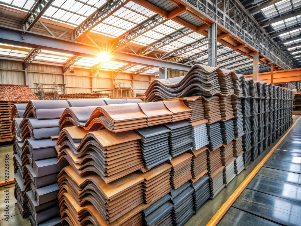 Assorted stacks of roofing materials including terracotta tiles, dark ...