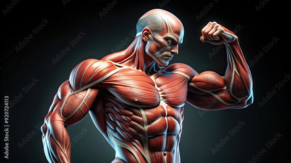 Sleek, flexed 3D animated bicep muscle with intricate details and ...