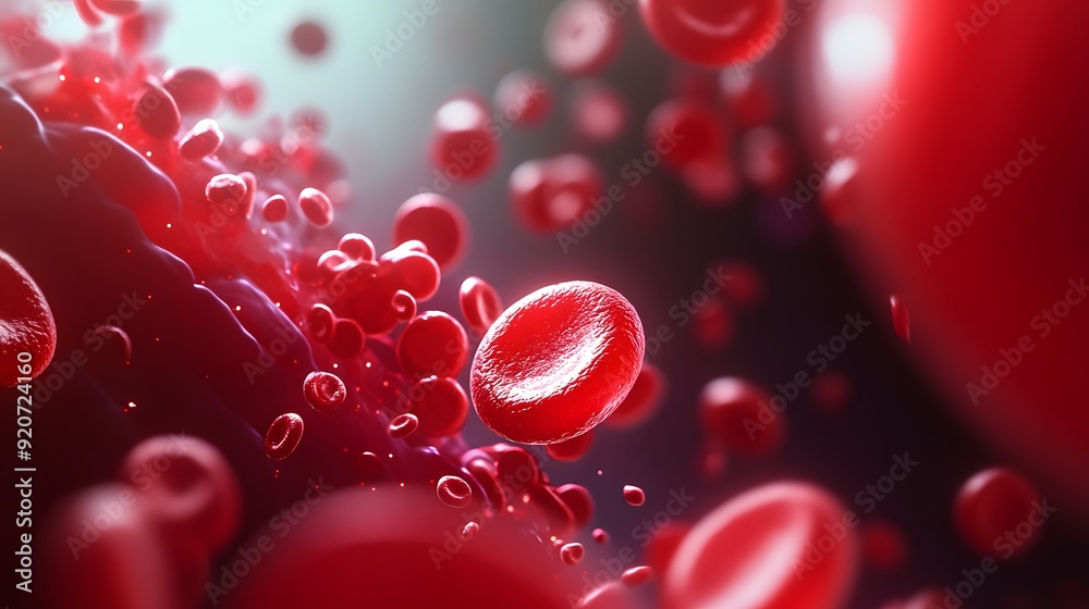 A detailed medical illustration of red blood cells moving through a ...
