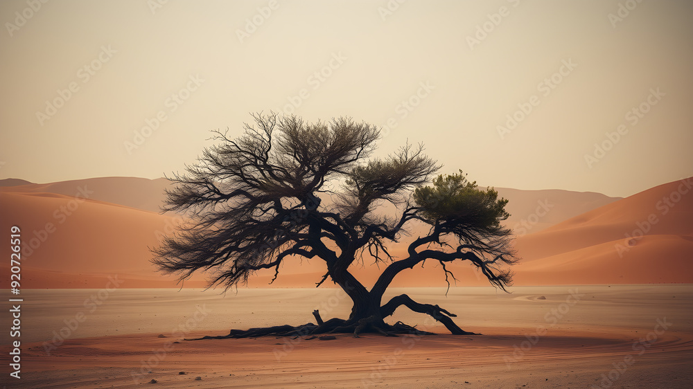 Stranded and helpless as an oasis concept as a vulnerable single tree ...
