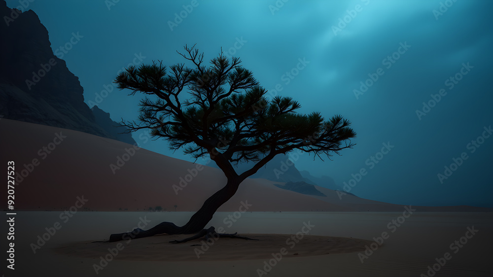 Stranded and helpless as an oasis concept as a vulnerable single tree ...