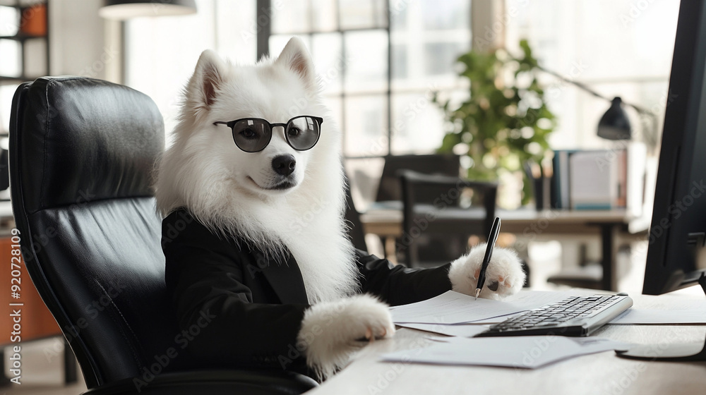 Samoyed dog is working in office. Pet in corporate business environment ...
