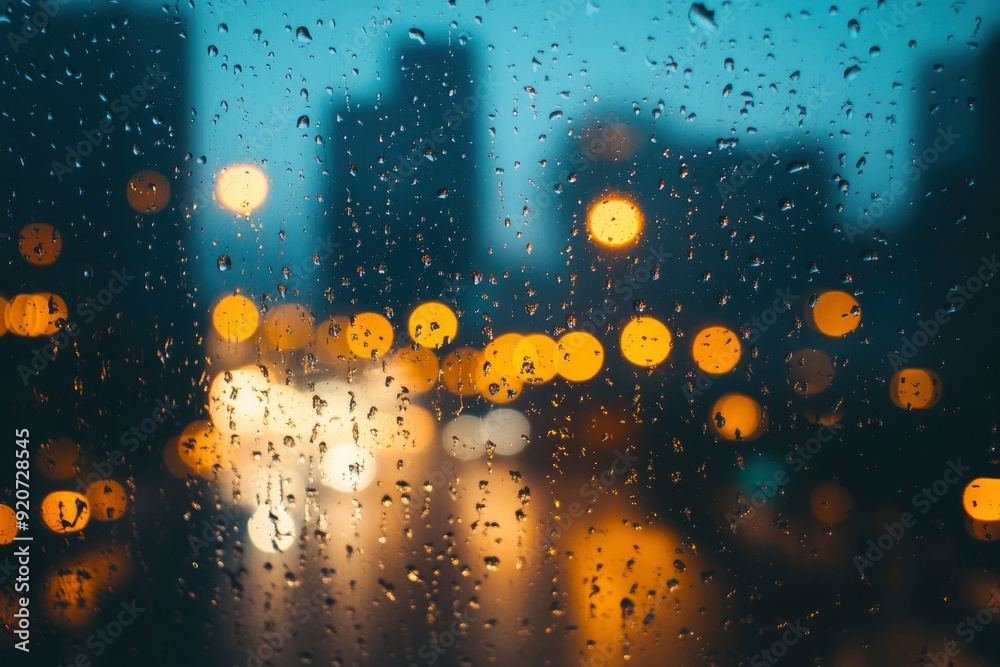 City view through a window on a rainy night,Rain drops on window with ...
