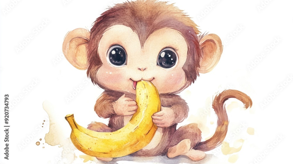 Adorable Chibi Monkey Watercolor Eating Banana on White Background Cute ...