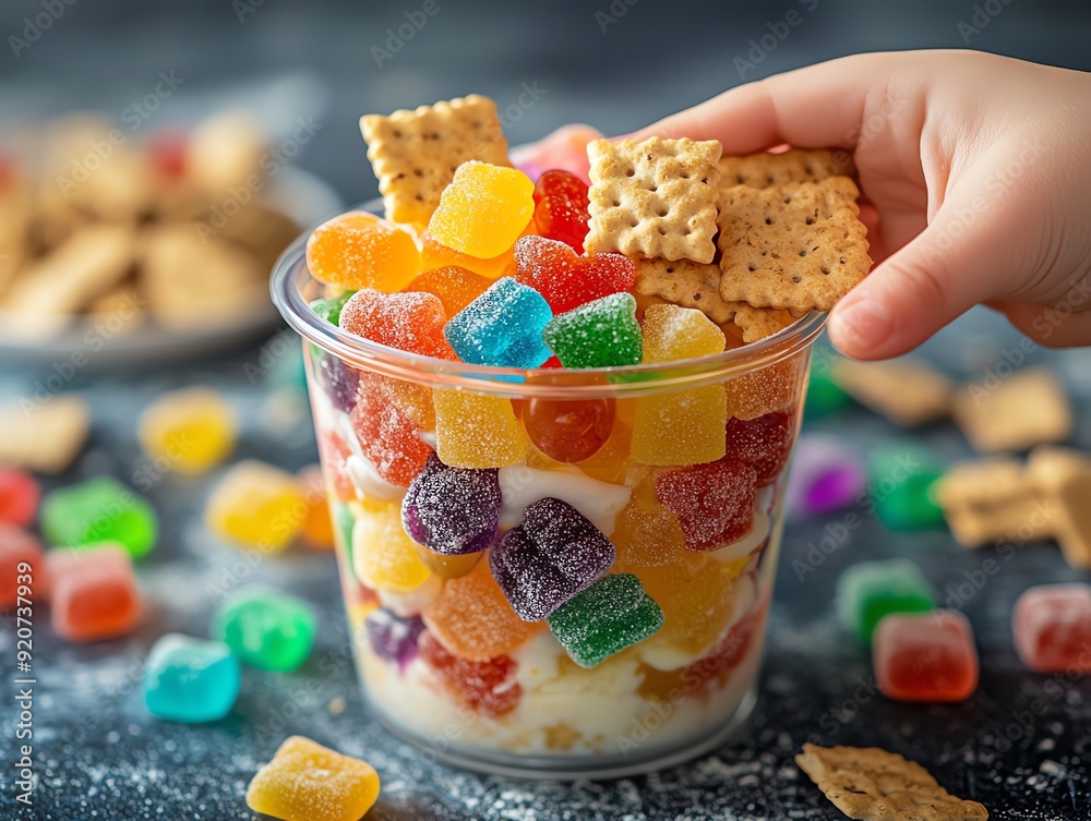Child s hand reaching for a pudding cup filled with gummies and ...