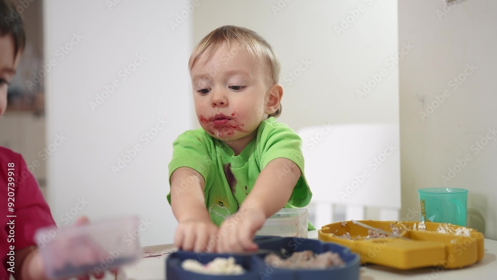 grimy baby eats at the table. baby learns to eat develops fine motor ...