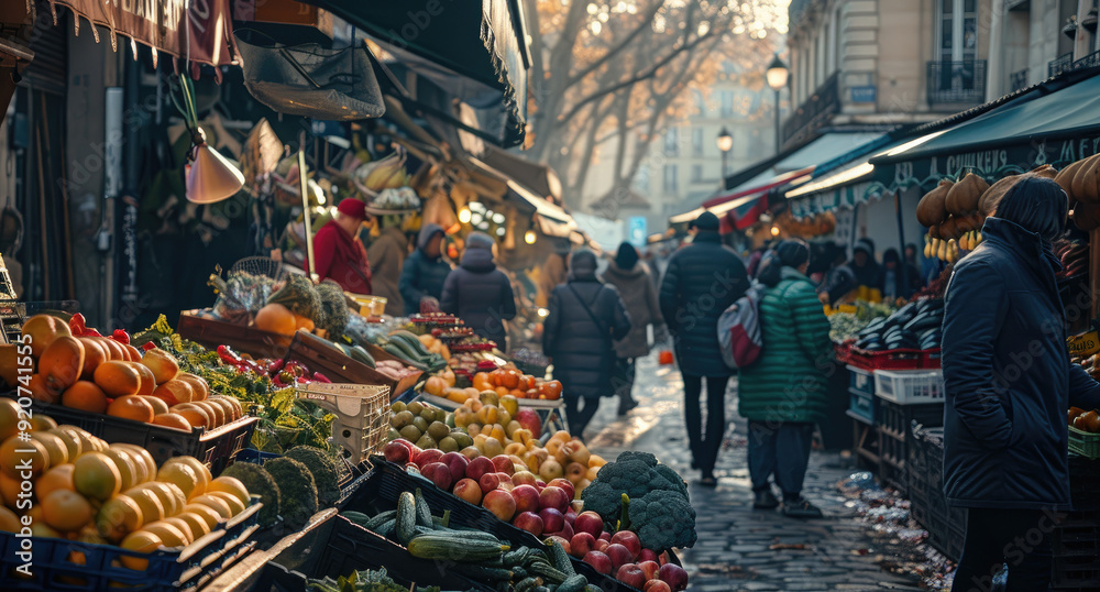 A vibrant street market scene with stalls displaying an array of fresh ...