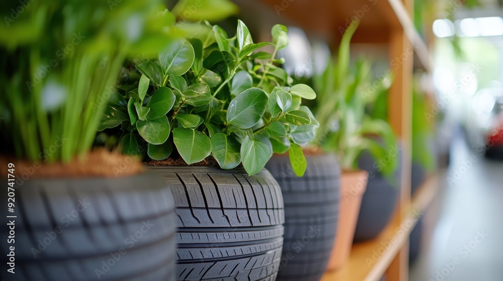Green plants growing in creative tire planters displayed at an ...