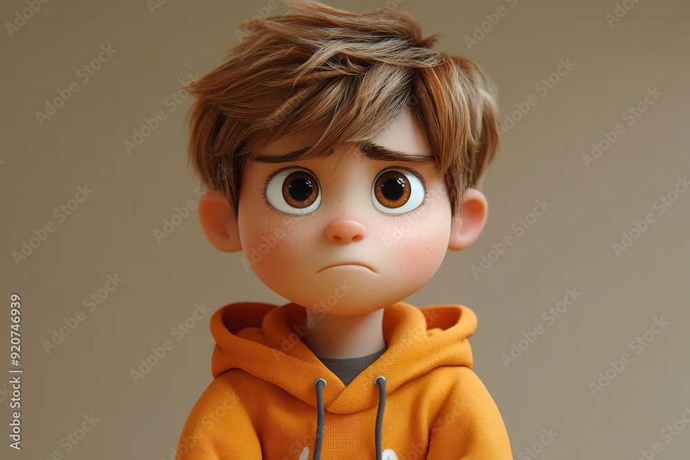 cartoon character in orange hoodie expressing doubt 3dstyle ...