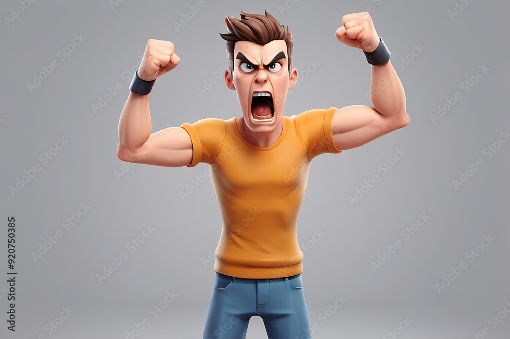 Angry yelling cartoon character young man with a raised fist in 3D ...