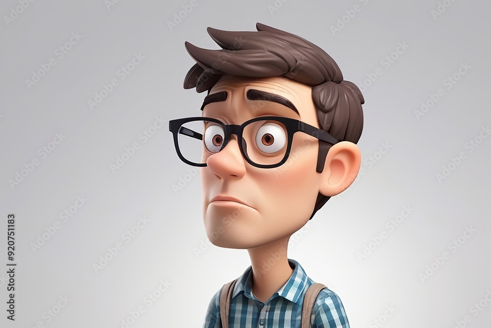 Confused puzzled cartoon character young adult man with glasses in 3D ...
