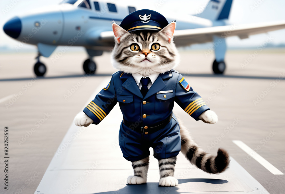 cute fluffy gray tabby cat civil aviation pilot in a civil aviation ...