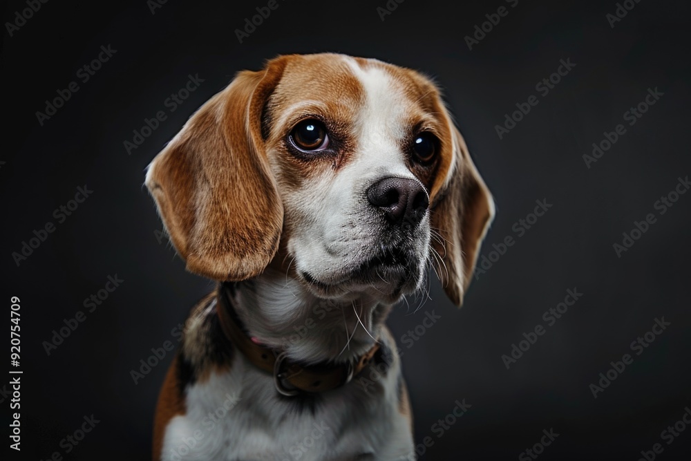 The beagle is looking directly at the camera with a subtle head tilt ...