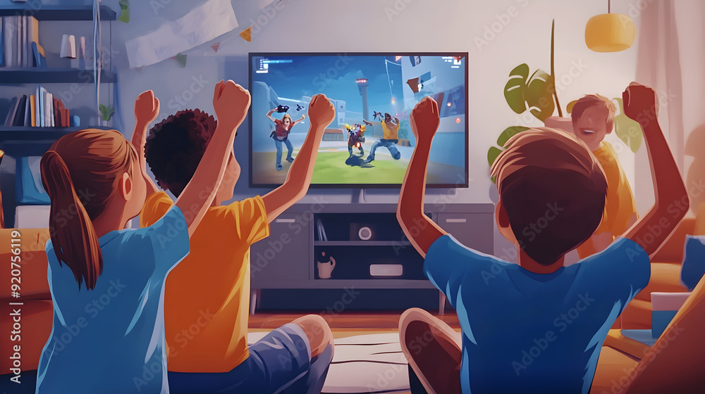Kids Celebrating a Gaming Victory with High-Fives - A depiction of kids ...