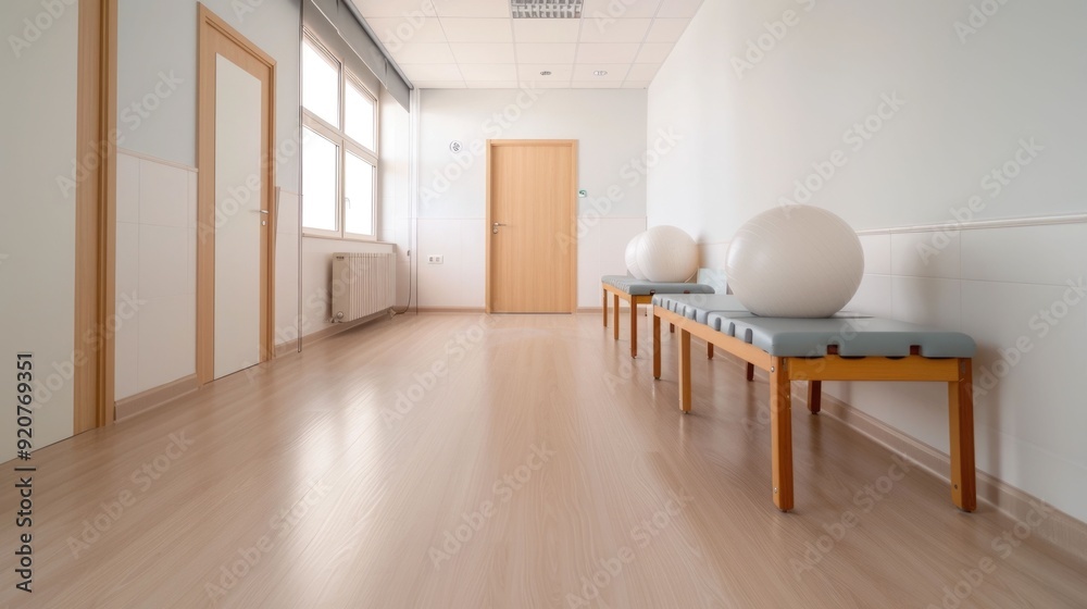 Bright and airy rehabilitation training room with modern minimalist ...