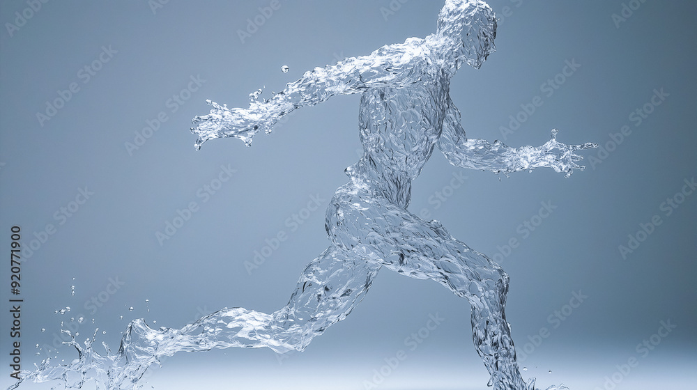 Fluid human figure mid-stride, composed entirely of splashing water ...