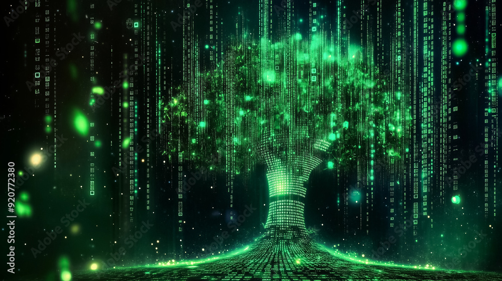 Digital tree with glowing green circuits, symbolizing the fusion of ...