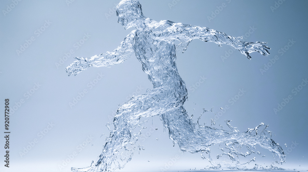 Fluid human figure mid-stride, composed entirely of splashing water ...