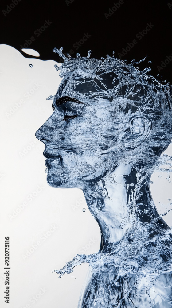 Abstract male face made entirely of splashing water, symbolizing ...