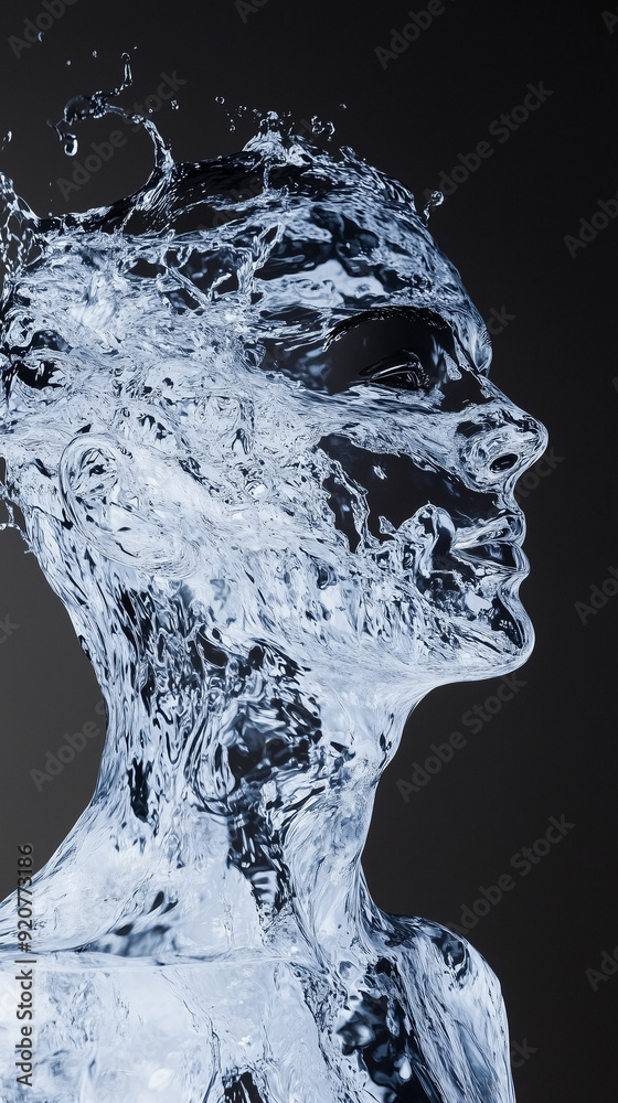 Abstract male face made entirely of splashing water, symbolizing ...