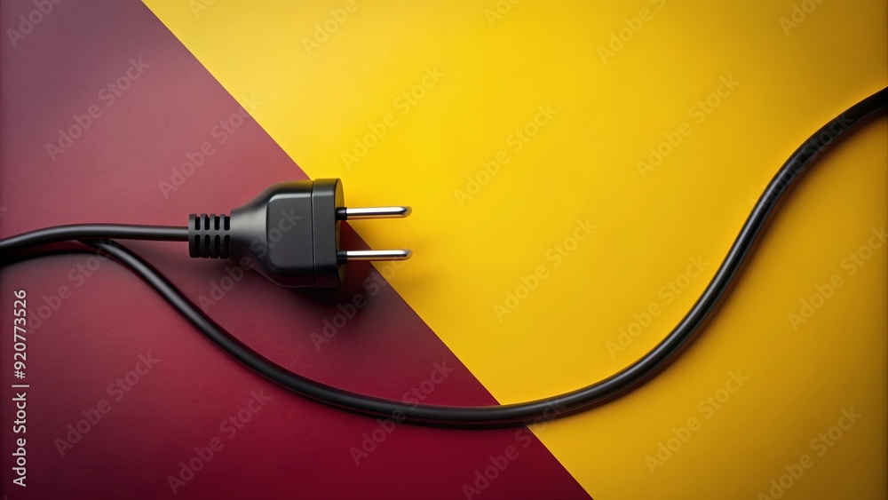 Black plug connected to power lines on yellow and maroon background ...