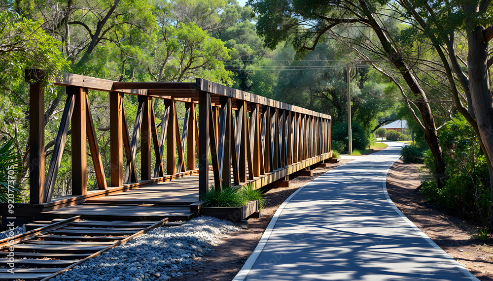 Old wooden rail bridge next to a new cycle path part of the historic ...